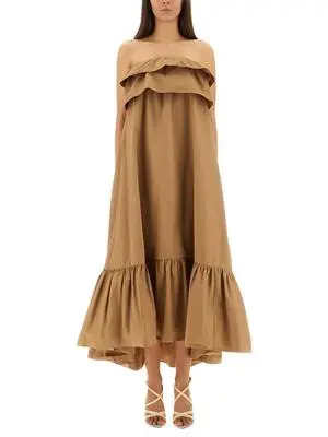 Saint Laurent Cotton Twill Ruffle Dress - Brown