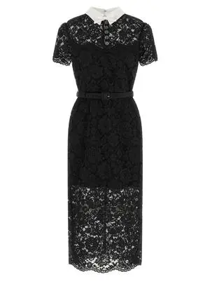 SELF-PORTRAIT Lace Contrast Collar Midi Dress - Black