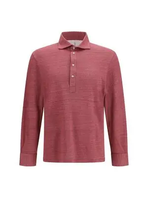 Brunello Cucinelli Long-sleeve Polo In Mélange Linen And Cotton Jersey - Pink