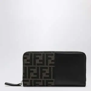 Fendi Tabacco Zip-around Wallet In Smooth Leather And Jacquard Ff - Black