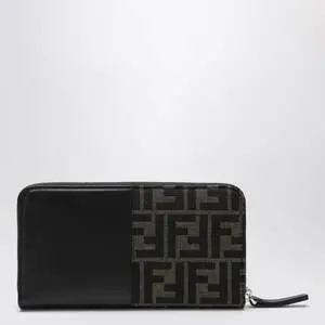 Fendi Tabacco Zip-around Wallet In Smooth Leather And Jacquard Ff - Black