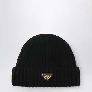 Prada Wool Beanie With Logo Triangle - Black