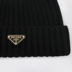 Prada Wool Beanie With Logo Triangle - Black
