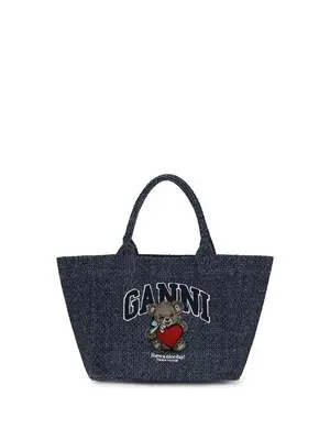 GANNI Medium Denim Tote Bag With Bear - Blue