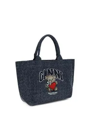 GANNI Medium Denim Tote Bag With Bear
