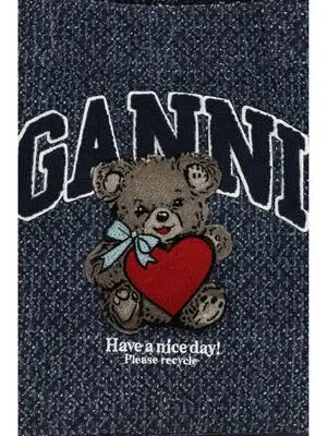 GANNI Medium Denim Tote Bag With Bear