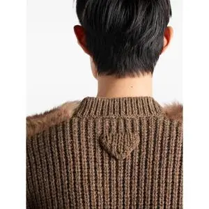 Prada Shearling Trim Ribbed Knit Cardigan - Brown