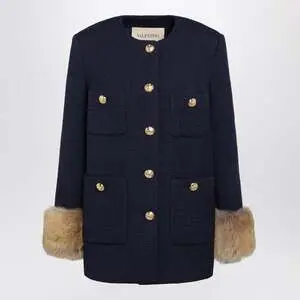 Valentino Garavani Navy Peacoat In Wool Tweed - Blue