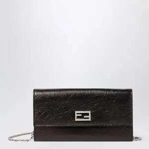 Fendi Tube Continental Wallet With Chain In Cracked Leather - Black