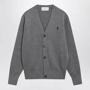 AMI Paris Grey De Coeur Cardigan In Wool - Gray