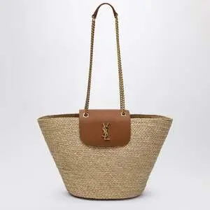 Saint Laurent Manon Raffia Basket Bag In Maple Sugar/brick