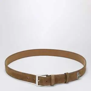 Prada Suede Leather Belt With Logo Plaque - Cream