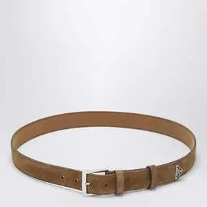 Prada Suede Leather Belt With Logo Plaque - Cream