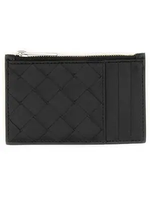 Bottega Veneta Woven Card Holder With Zipper - Black