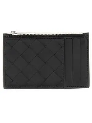 Bottega Veneta Woven Card Holder With Zipper - Black