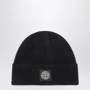 Stone Island Navy Wool Beanie With Compass Patch - Blue