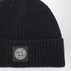 Stone Island Navy Wool Beanie With Compass Patch - Blue