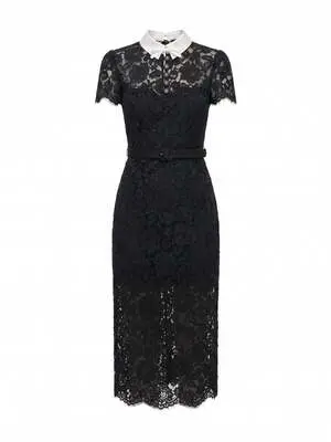 SELF-PORTRAIT Lace Contrast Collar Midi Dress - Multicolor