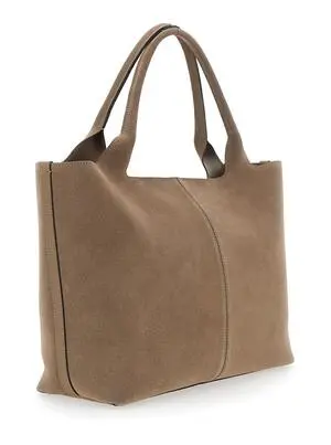 TOD'S Beige 'ebr' Tote Bag With Logo Plate On The Front And Contrast Stitching In Suede For - Multicolor