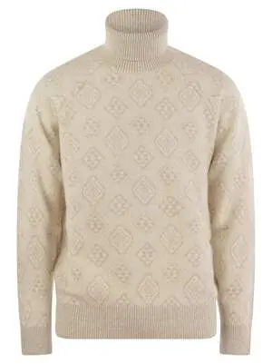 Brunello Cucinelli Geometric Jacquard Turtleneck Sweater In Alpaca, Cotton And Wool - Cream