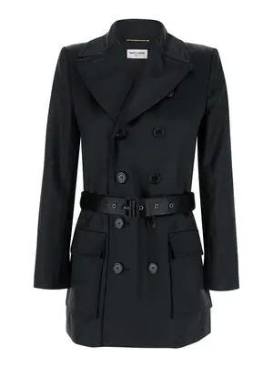 Saint Laurent Black Double-breasted Jacket In Cotton - Multicolor