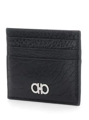 FERRAGAMO Black Card Holder With Gancini Plaque On The Front In Leather - Multicolor