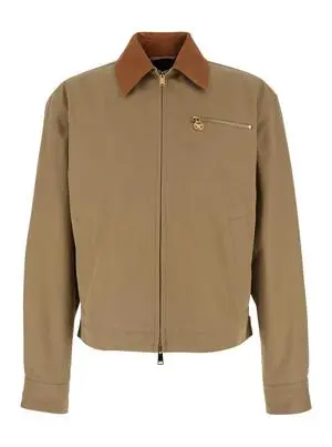 Versace Beige Jacket With Leather Collar And Medusa Head Metallic Detail In Cotton For - Multicolor