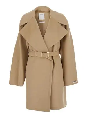 Sportmax Beige Coat With Wide Notched Revers And Waist Belt For - Multicolor