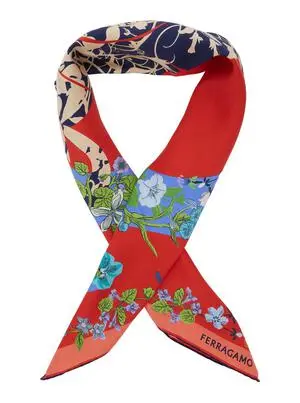 FERRAGAMO Red Scarf With Floral Print Motif And Lettering Logo In Silk - Multicolor