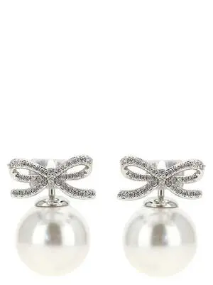 SELF-PORTRAIT Crystal Bow Pearl Back' Earrings - Silver
