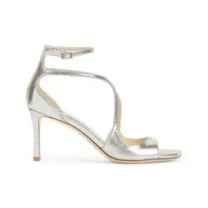 JIMMY CHOO Leather Glitter Azia 75 Sandals - Silver