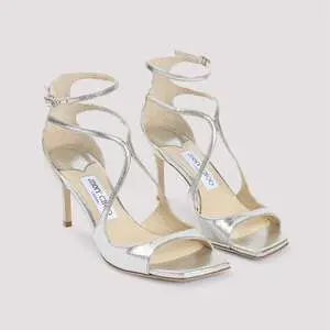 JIMMY CHOO Leather Glitter Azia 75 Sandals - Silver