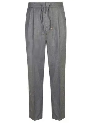 Brunello Cucinelli Wool Flannel Leisure Fit Trousers With Drawstring And Double Pleats - Gray