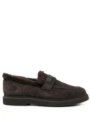 Brunello Cucinelli Suede Penny Loafers With Shearling Lining And Precious Insert - Brown