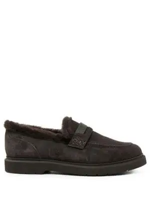 Brunello Cucinelli Suede Penny Loafers With Shearling Lining And Precious Insert - Brown