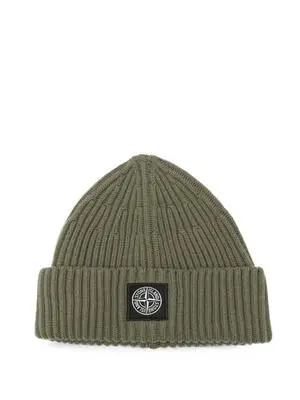 Stone Island Ribbed Wool Beanie With Compass Patch - Green