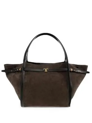 TOD'S T Signature Suede Shopping Bag - Brown