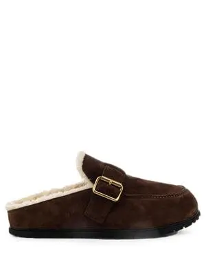 Prada Suede Slippers With Buckle And Sheepskin Lining - Brown