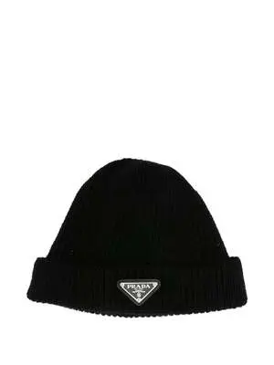 Prada Ribbed Logo Plaque Beanie - Black