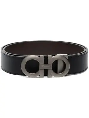 FERRAGAMO Brushed Finish Gancini Reversible Belt - Black