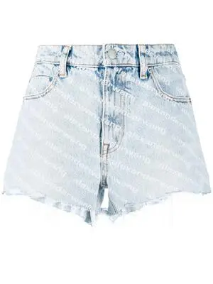 Alexander Wang All-over Logo Printed Denim Shorts - Blue