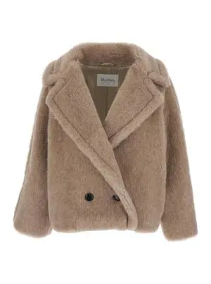 Max Mara Cambusa' Beige Jacket Double-breasted With Notched Revers Wide In Fur - Multicolor