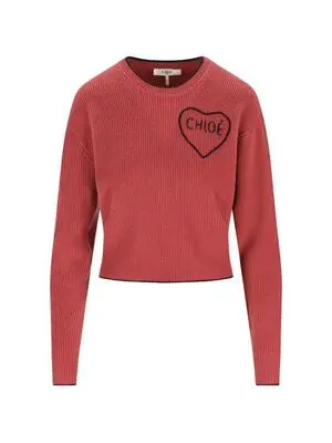 Chloé Cropped Fitted Wool Knit Logo Sweater - Multicolor