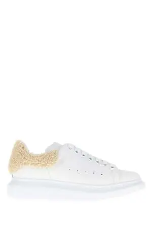 Alexander McQueen Leather Sneakers With Beige Shearling Heel - White