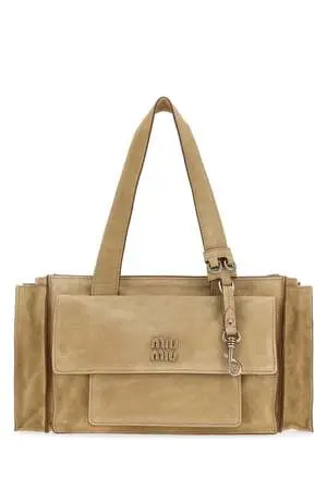 Miu Miu Beige Suede Utilitaire Shopping Bag - Brown