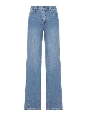 SELF-PORTRAIT Straight Leg Denim Jeans With Rhinestone - Blue
