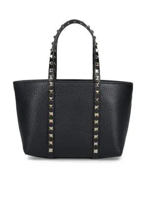 Valentino Garavani Rockstud Mini Tote In Hammered Leather - Black