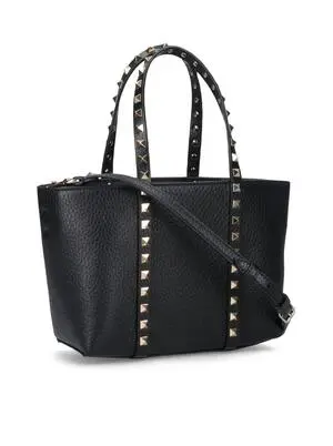 Valentino Garavani Rockstud Mini Tote In Hammered Leather - Black
