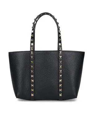 Valentino Garavani Rockstud Mini Tote In Hammered Leather - Black