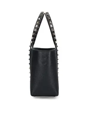 Valentino Garavani Rockstud Mini Tote In Hammered Leather - Black